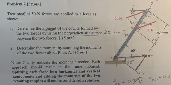 Solved Problem 2 [30 pts.) 20° Two parallel 50-N forces are | Chegg.com