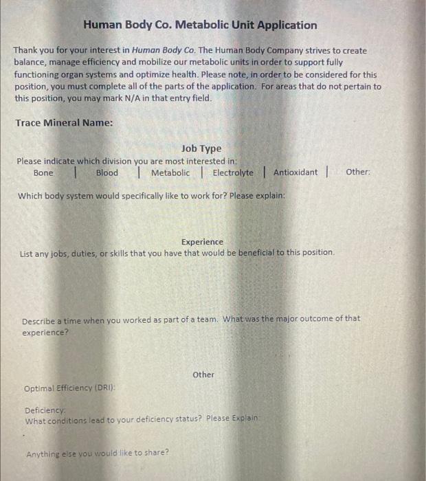 Solved A Mineral Job Application Human Body Co. Metabolic | Chegg.com