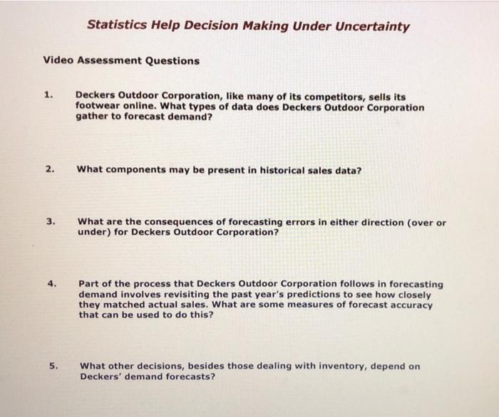 Solved Statistics Help Decision Making Under Uncertainty | Chegg.com