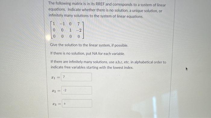 Solved The following matrix is in its RREF and corresponds | Chegg.com