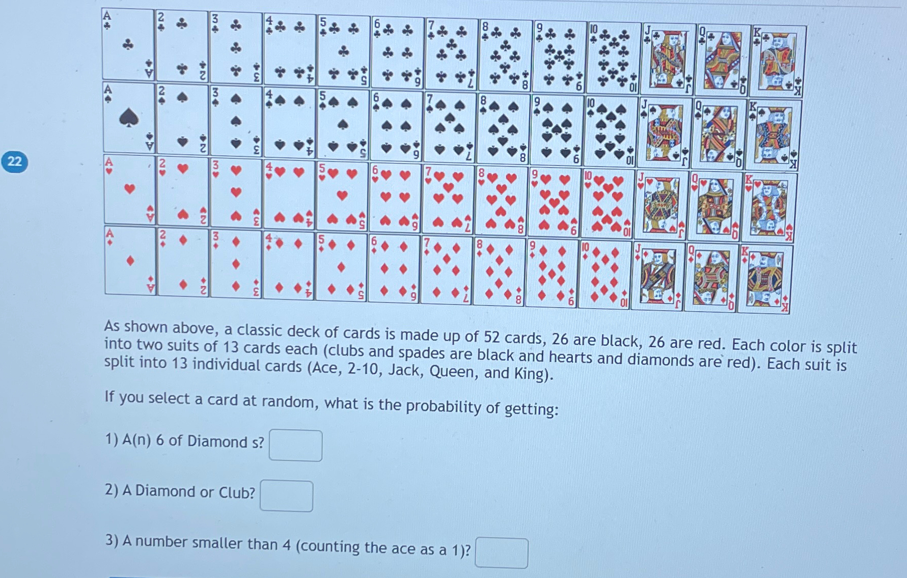 Solved 22As shown above, a classic deck of cards is made up | Chegg.com