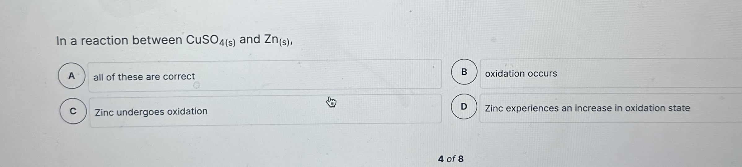 Solved In a reaction between CuSO4(s) ﻿and Zn(s),all of | Chegg.com