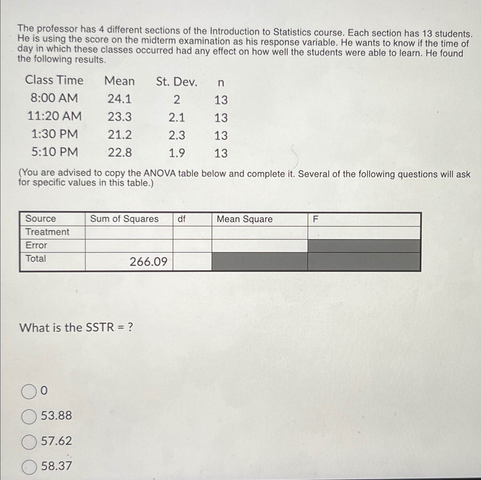 Solved The professor has 4 ﻿different sections of the | Chegg.com