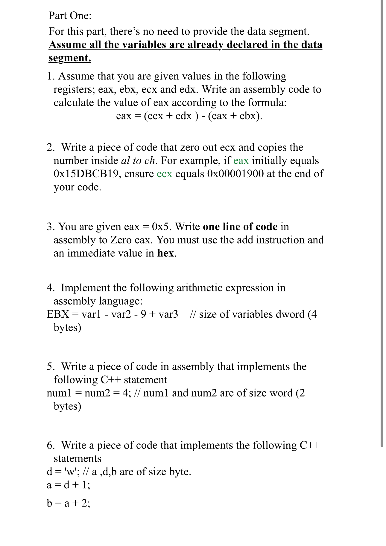Solved Part One:For this part, there's no need to provide | Chegg.com
