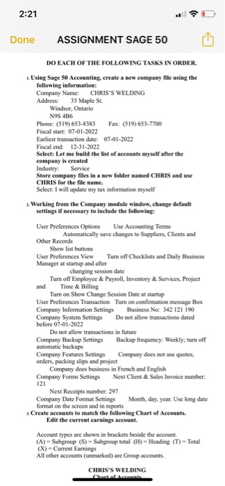2:21 Done ASSIGNMENT SAGE 50 DO EACH OF THE FOLLOWING | Chegg.com