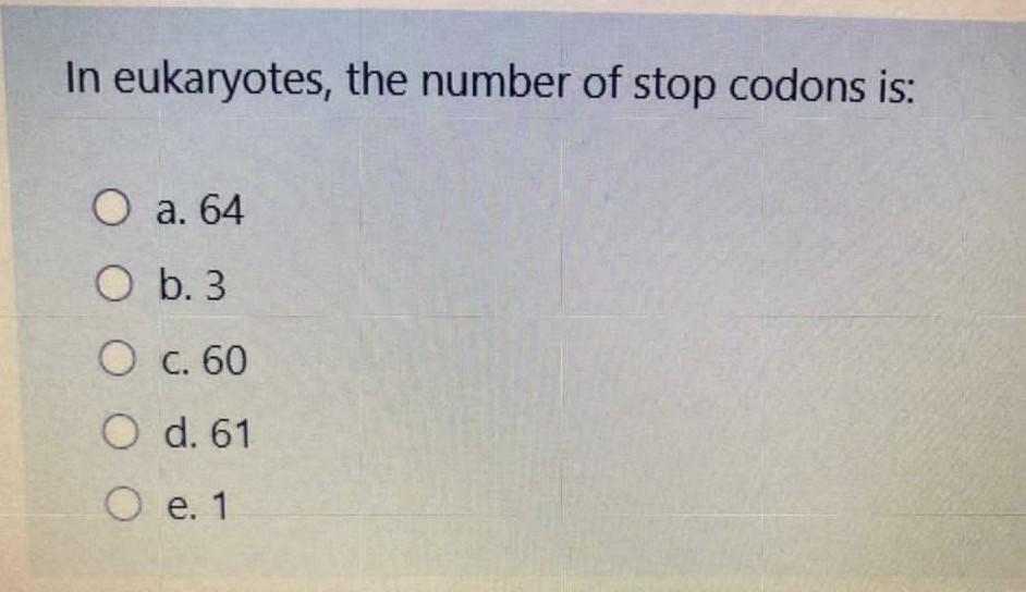 Solved In eukaryotes, the number of stop codons is: O a. 64 | Chegg.com