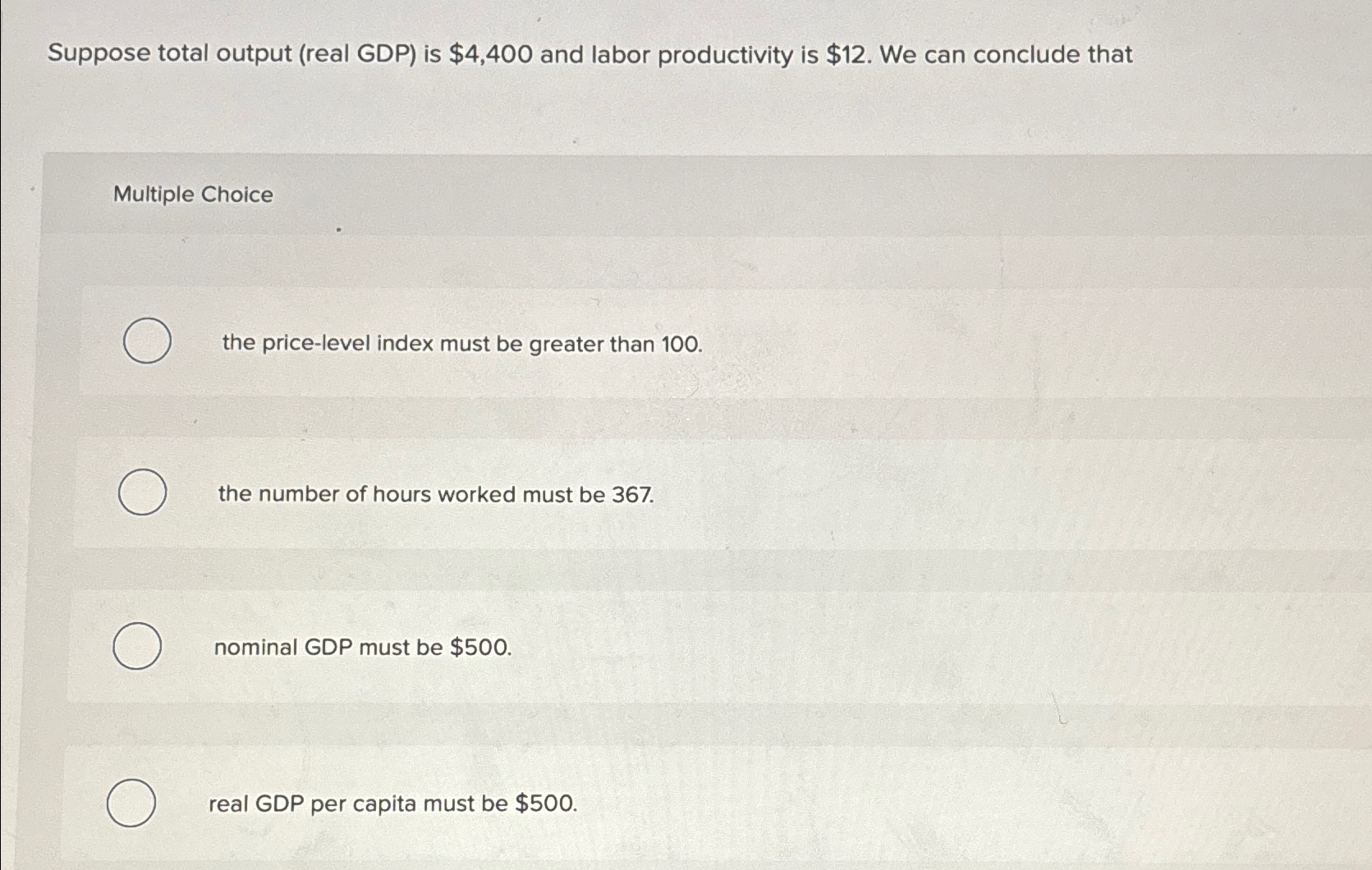 Solved Suppose total output (real GDP) ﻿is $4,400 ﻿and labor | Chegg.com