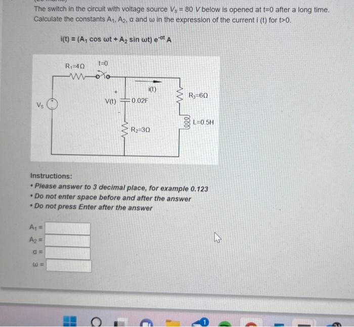 Solved The switch in the circuit with voltage source Vs=80 V | Chegg.com