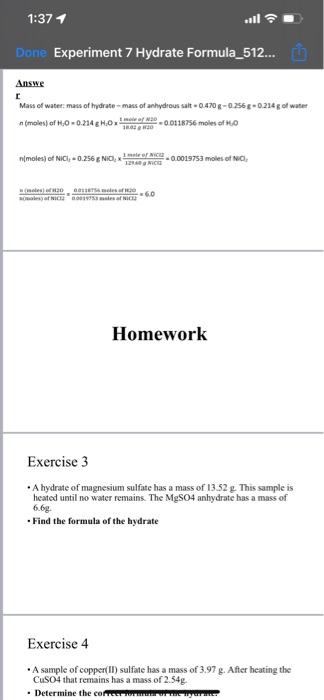 Solved 1:37 1 Done Experiment 7 Hydrate Formula_512... | Chegg.com