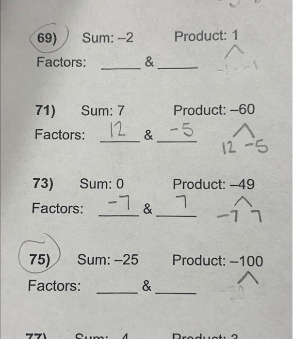 Solved 62) Sum: 7 Factors: -3 & & 10 Product: -30 a -310 64) | Chegg.com