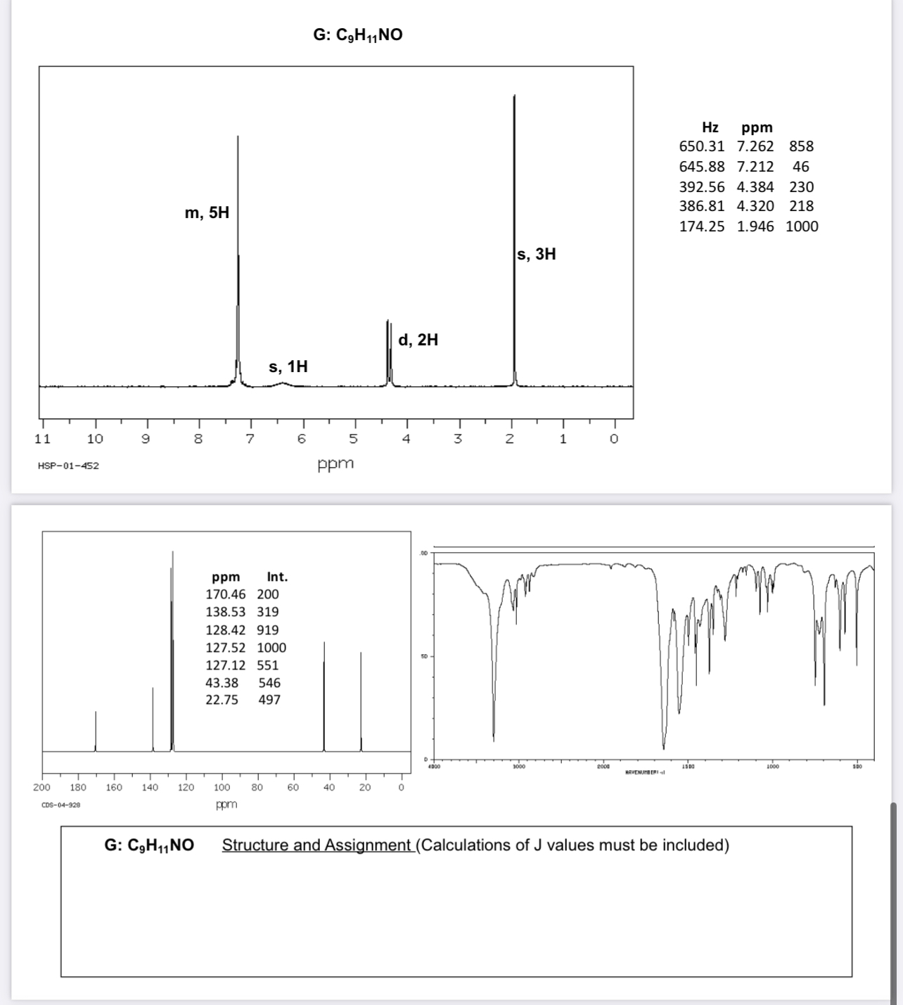 Solved G: C9H11NOG: C9H11NO ﻿Structure and Assignment | Chegg.com