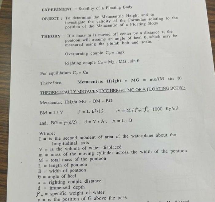 Solved EXPERIMENT : Stability of a Floating Body OBJECT : To | Chegg.com