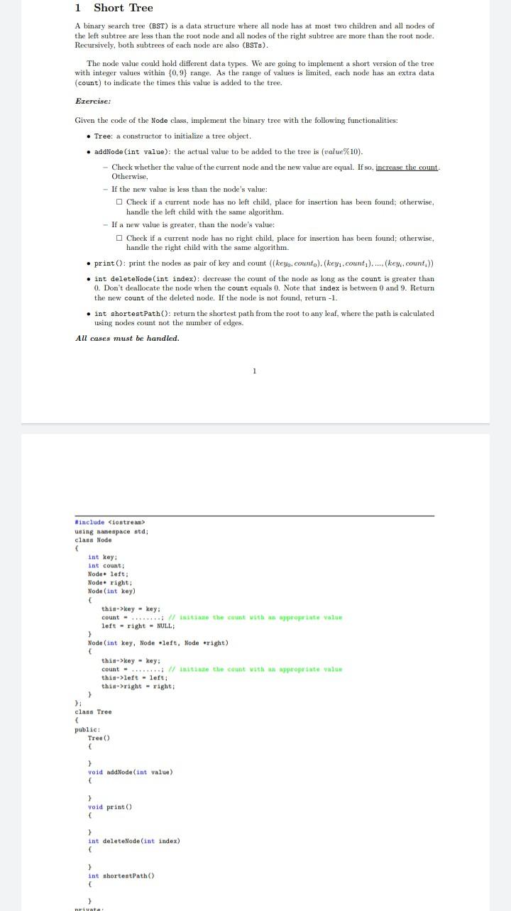 Solved Node. right; Node(int key) { this->key = key: count = | Chegg.com
