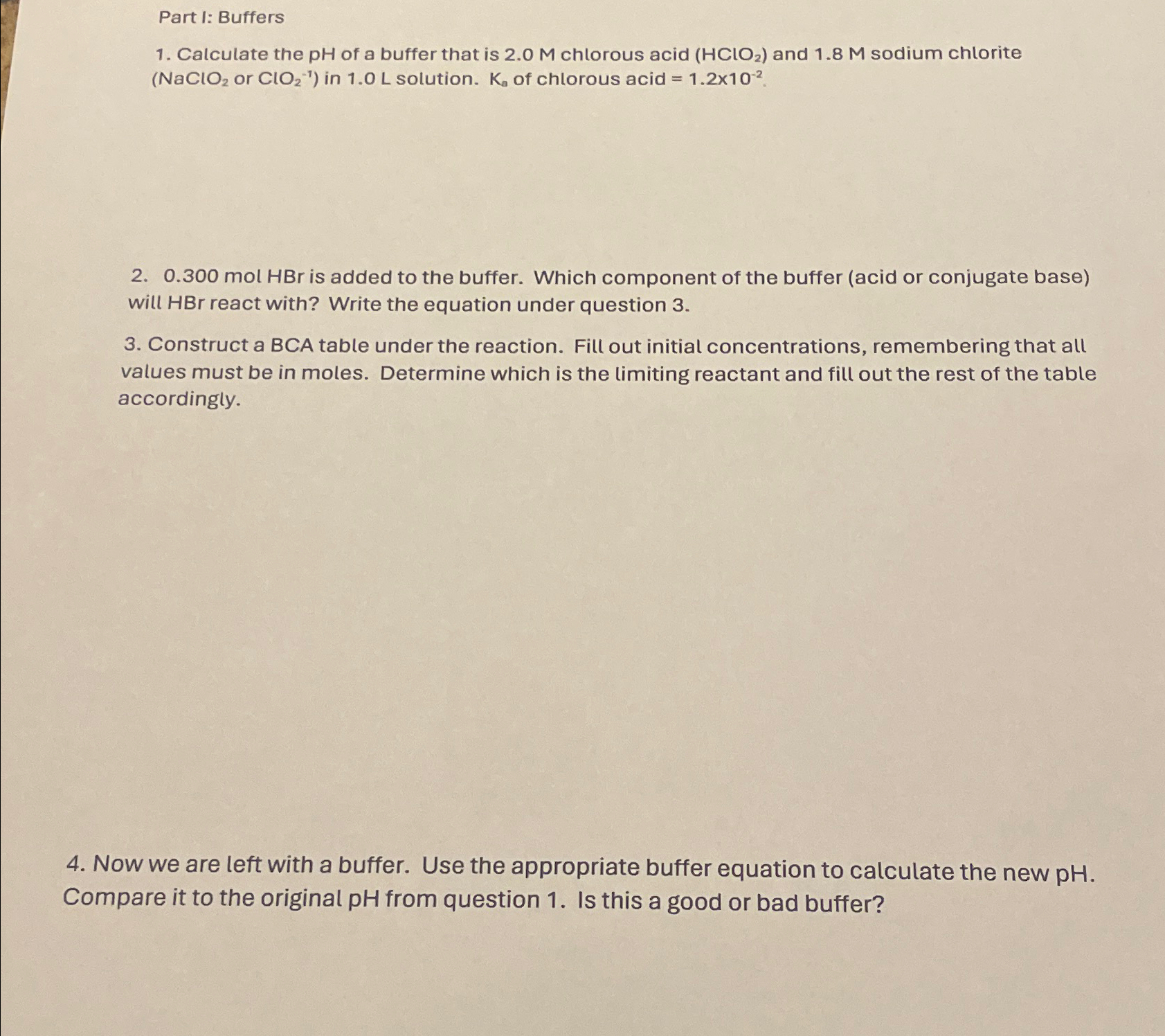 Solved Part I: BuffersCalculate the pH ﻿of a buffer that is | Chegg.com