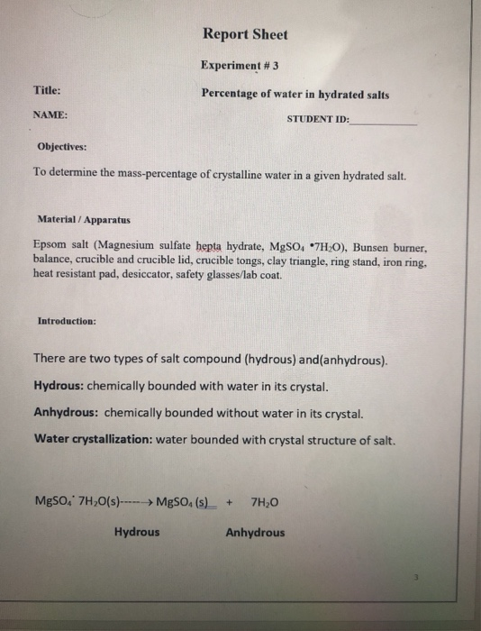 Solved Report Sheet Experiment #3 Title: Percentage of water | Chegg.com