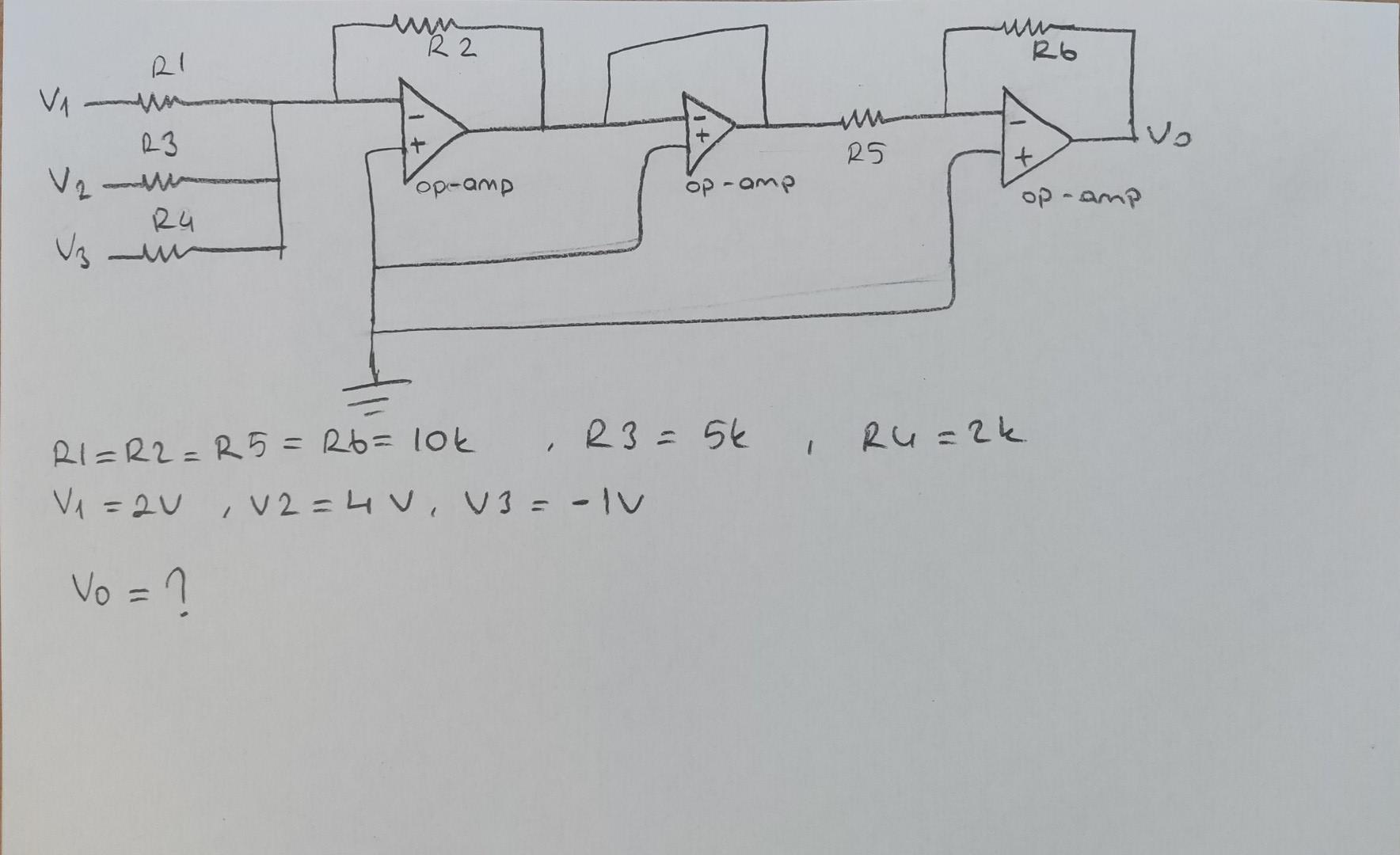 Solved R1=R2=R5=R6=10k,R3=5kV1=2v,V2=4v,V3=−1vV0=? | Chegg.com
