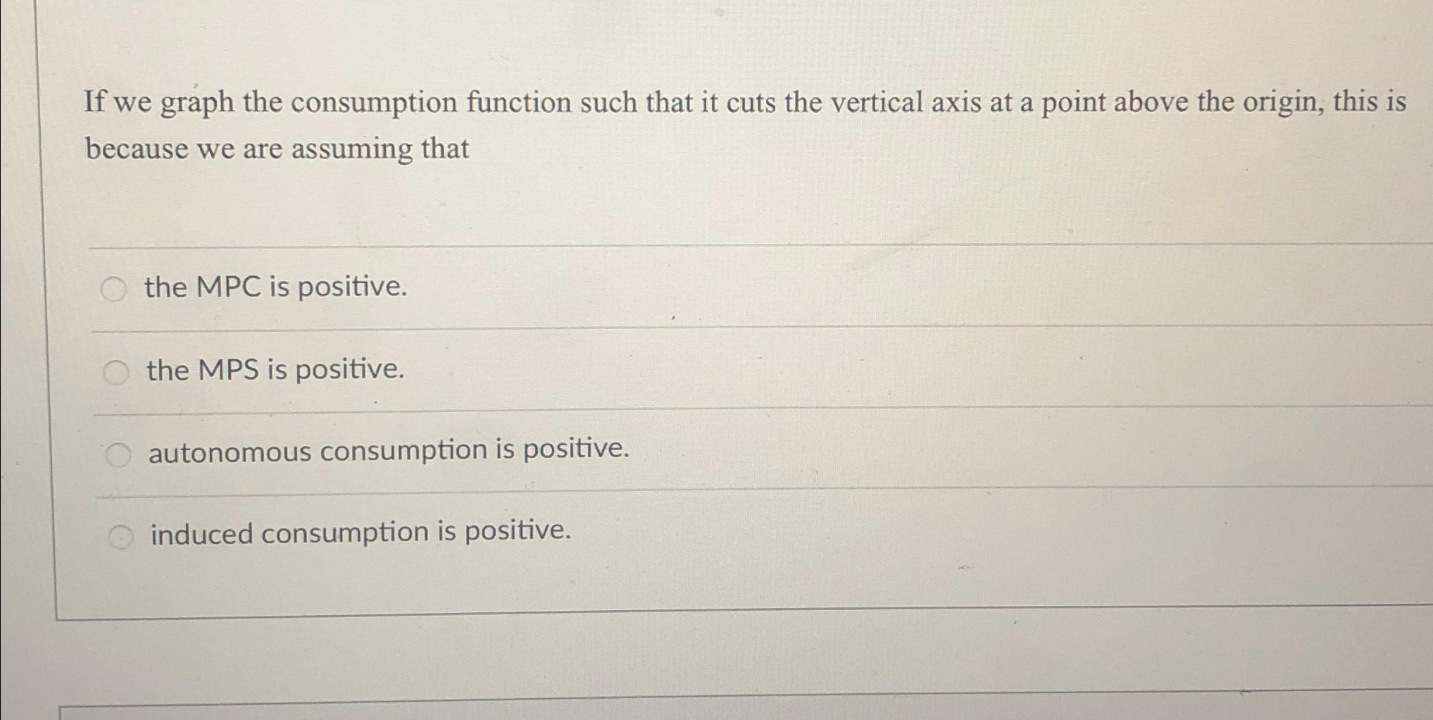 Solved If we graph the consumption function such that it | Chegg.com