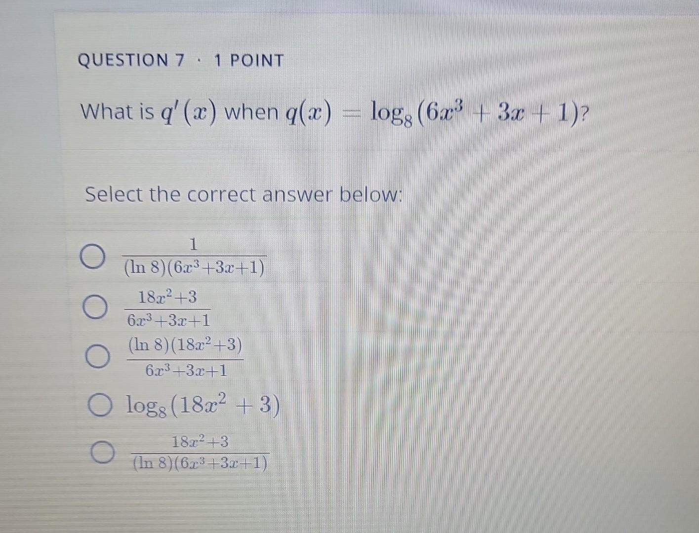 Solved What is t′(x) when t(x)=7ex−8 ? Select the correct | Chegg.com