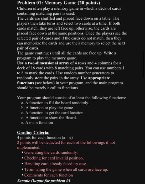 Solved Problem 01: Memory Game (20 points) Children often | Chegg.com