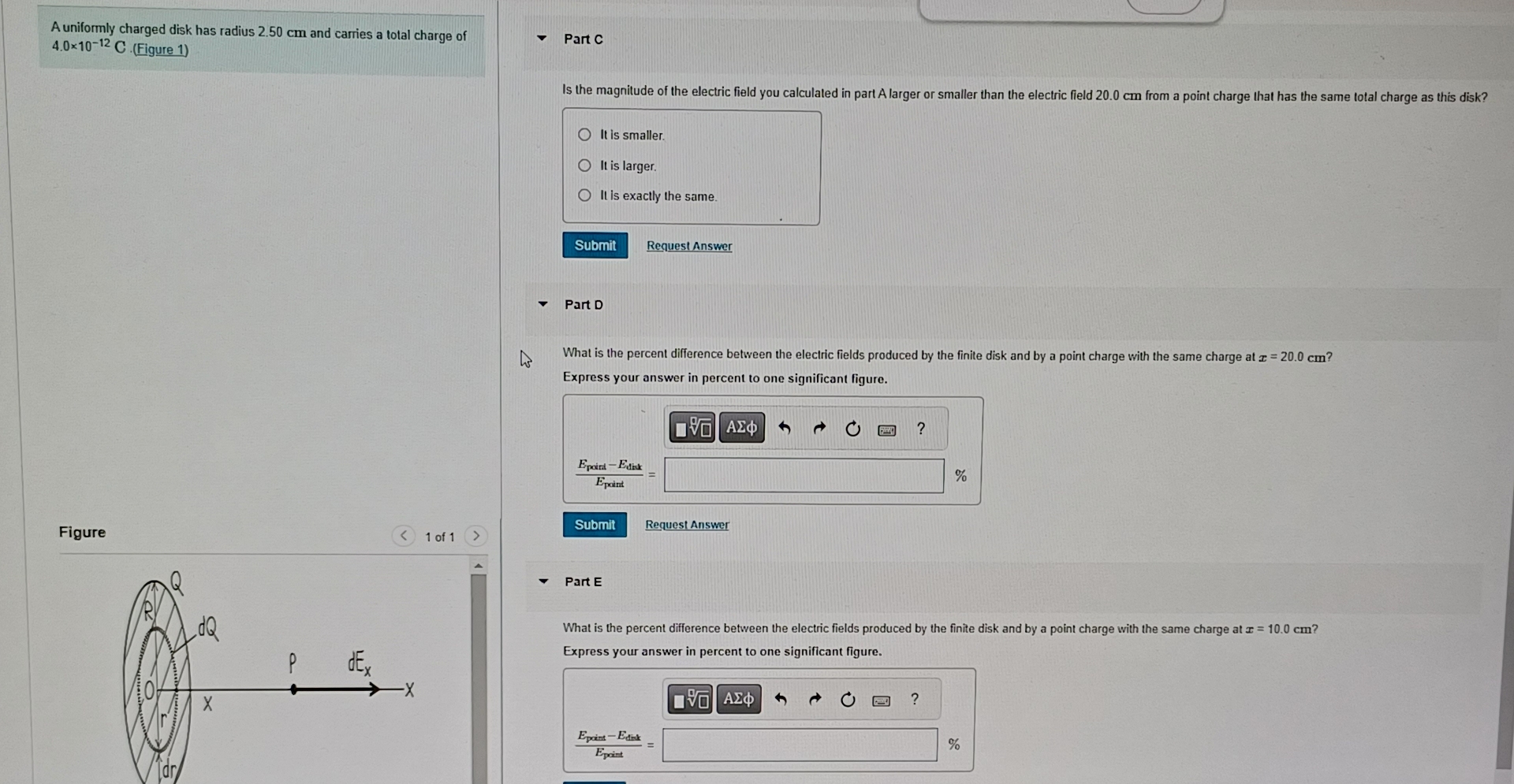 Solved A uniformly charged disk has radius 2.50cm ﻿and | Chegg.com