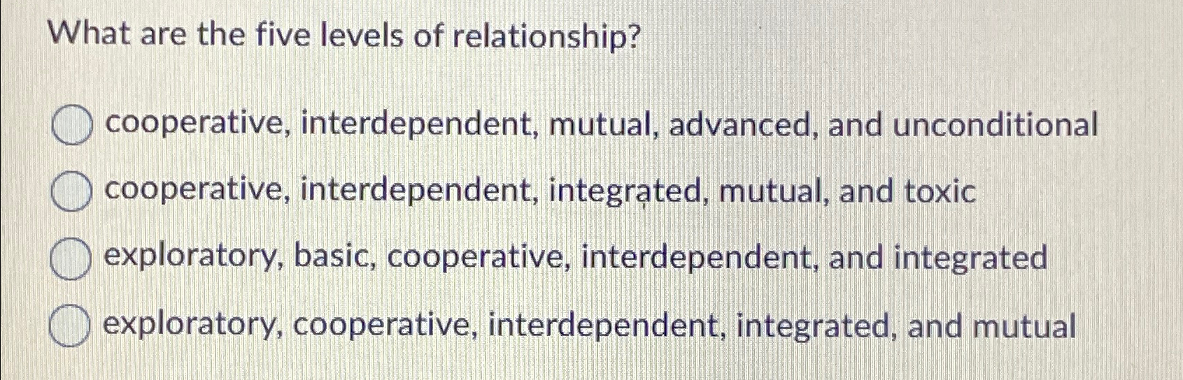 Solved What are the five levels of relationship?cooperative, | Chegg.com