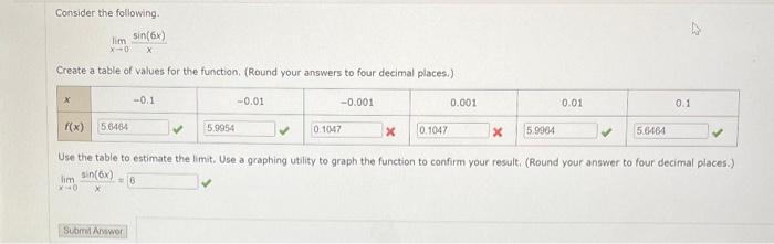 Solved Consider the following. limx→0xsin(6x) Create a table | Chegg.com