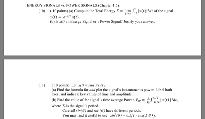 Solved ENERGY SIGNALS vs. POWER SIGNALS (Chapter 1.5): (10) | Chegg.com