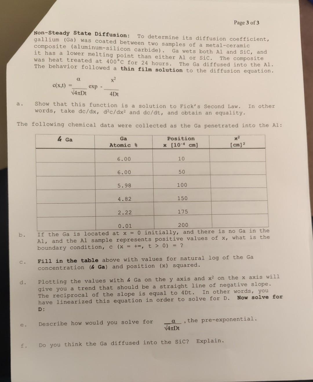Solved Non-Steady State Diffusion: To determine its | Chegg.com