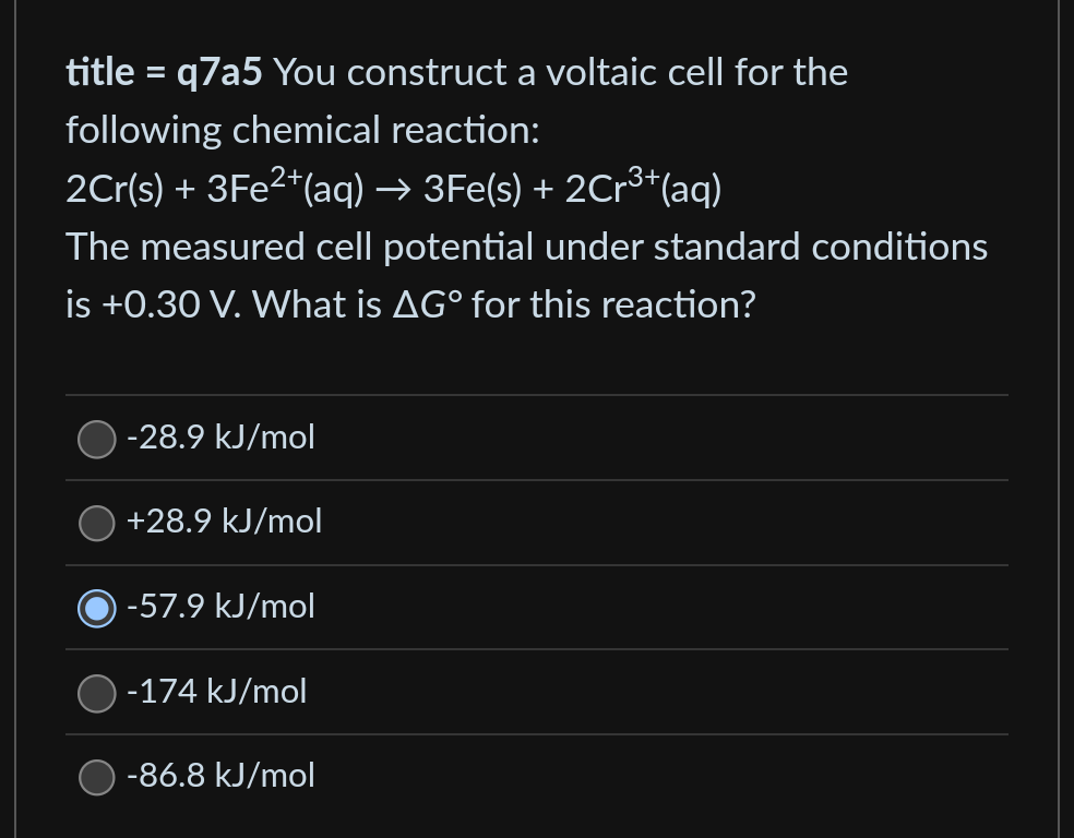 Solved title = ﻿q7a5 ﻿You construct a voltaic cell for the | Chegg.com