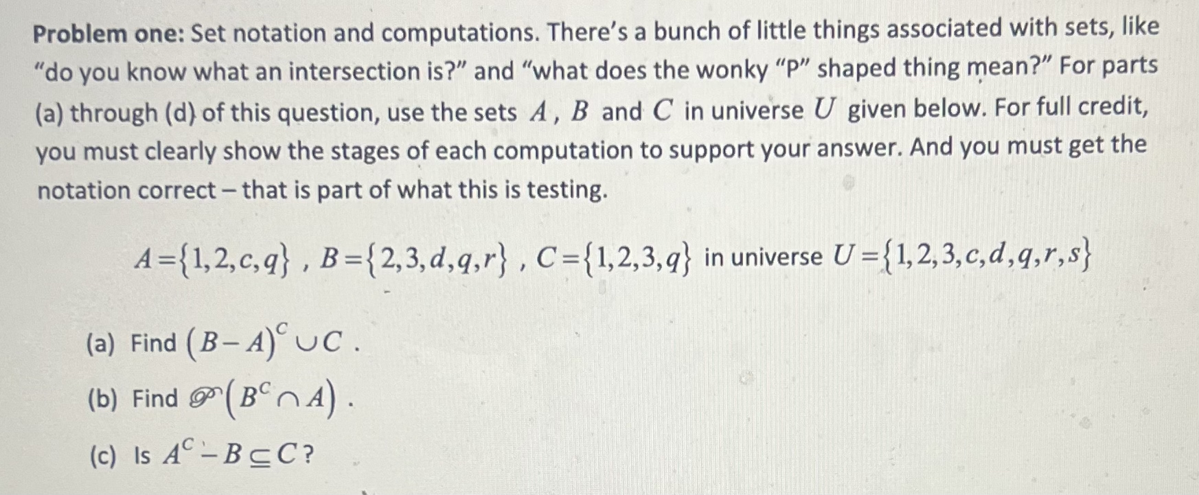 Solved Problem one: Set notation and computations. There's a | Chegg.com