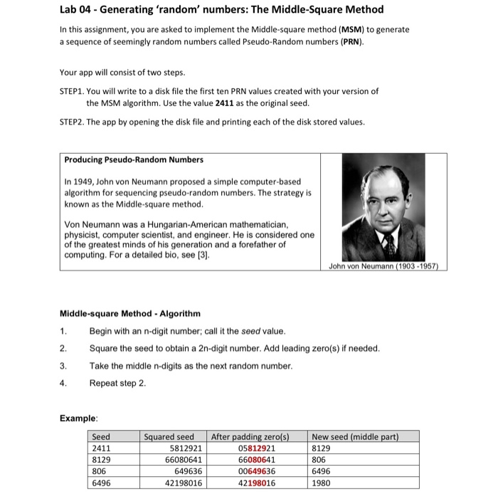 Solved Lab 04 - Generating 'random' numbers: The | Chegg.com