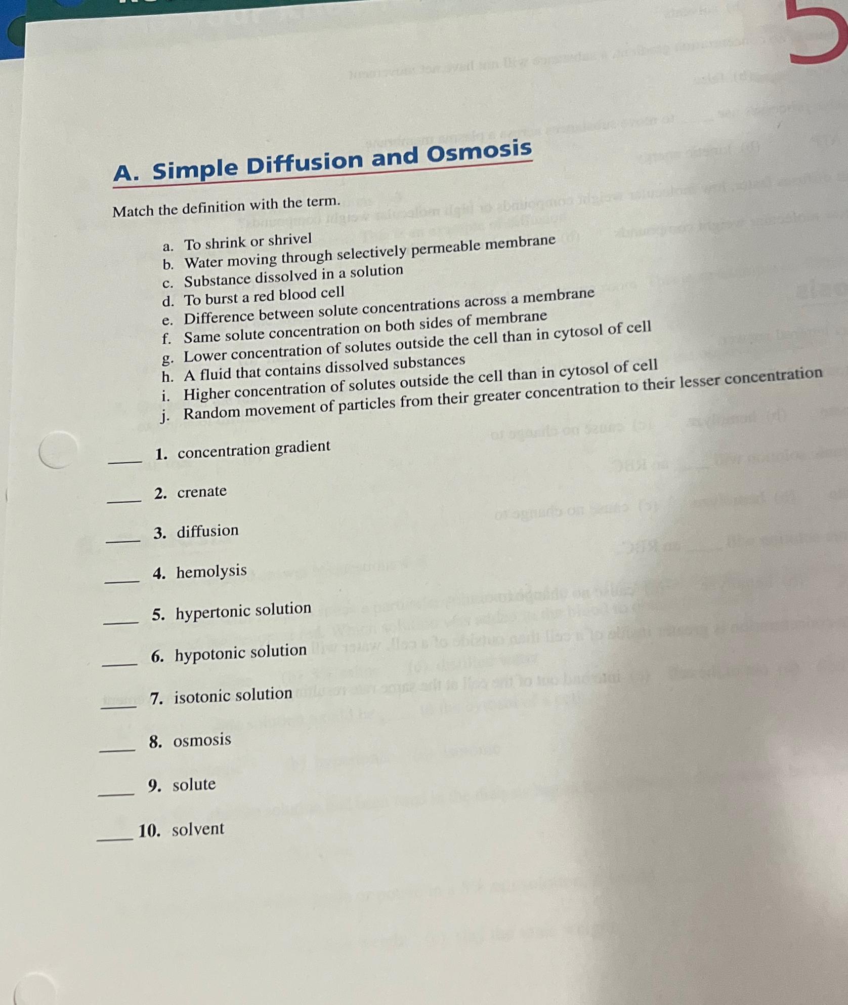 Solved A. ﻿Simple Diffusion and OsmosisMatch the definition | Chegg.com