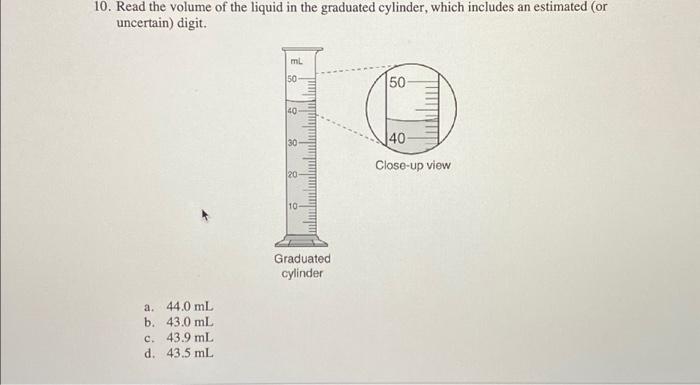 Solved 10. Read the volume of the liquid in the graduated | Chegg.com