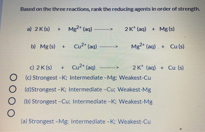 Solved Based on the three reactions, rank the reducing | Chegg.com