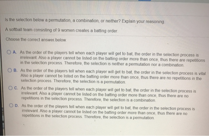 Solved Is the selection below a permutation, a combination, | Chegg.com