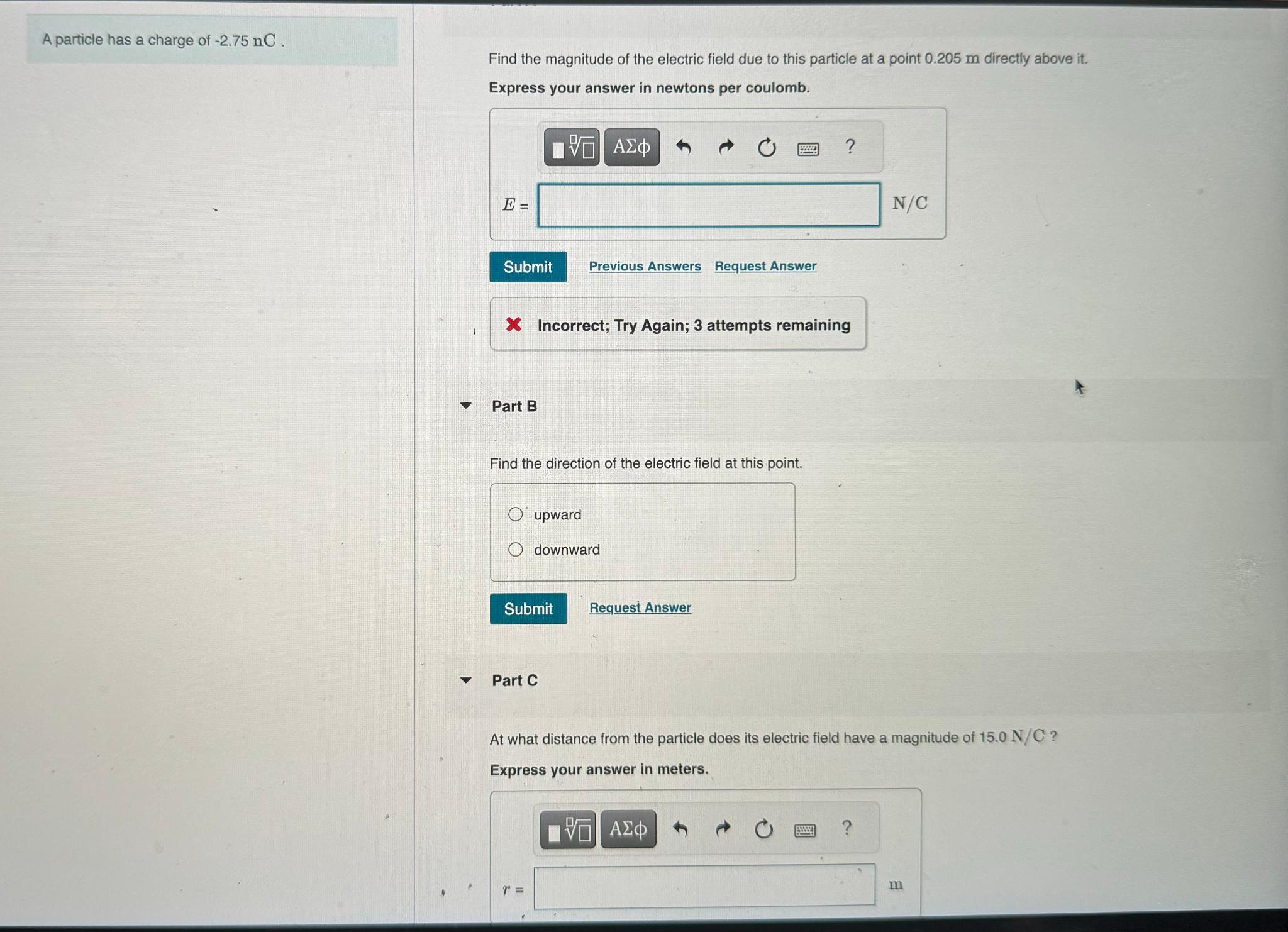 Solved A particle has a charge of -2.75nC.Request | Chegg.com