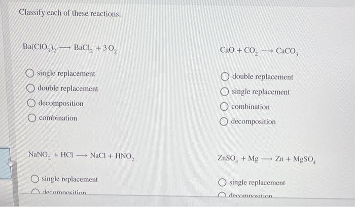 Solved Classify each of these reactions. Ba(Clo,2 — BaCl, | Chegg.com