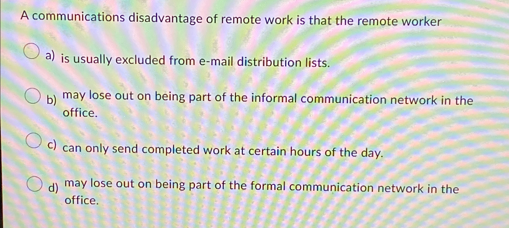 Solved A communications disadvantage of remote work is that | Chegg.com