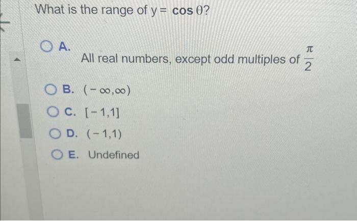 Solved What is the range of y=cosθ ? A. All real numbers, | Chegg.com