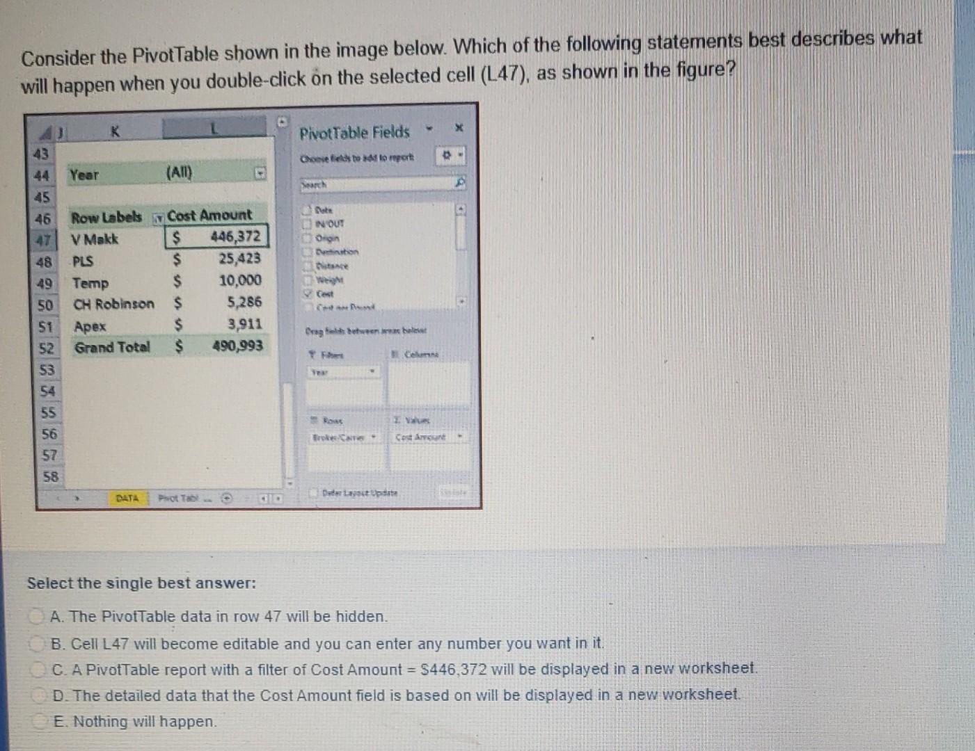 Solved Consider the PivotTable shown in the image below. | Chegg.com