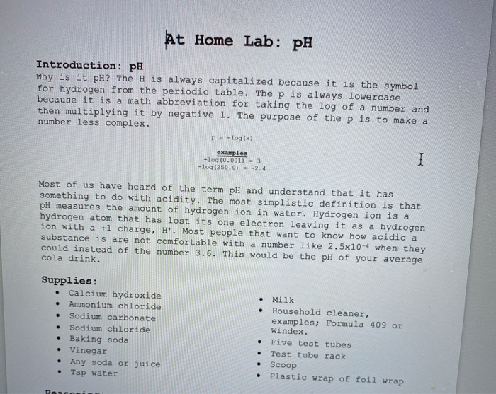 Solved At Home Lab: PH Introduction: pH Why is it ph? The H | Chegg.com
