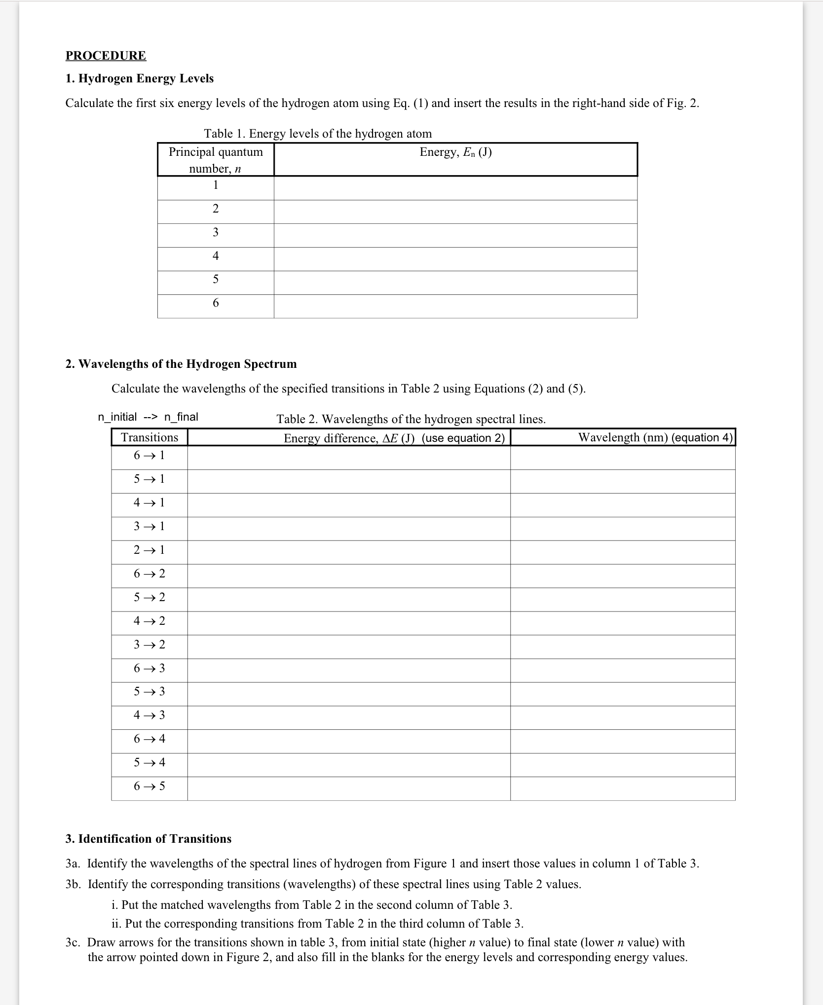 Solved For question one calculate hydrogen and energy levels | Chegg.com