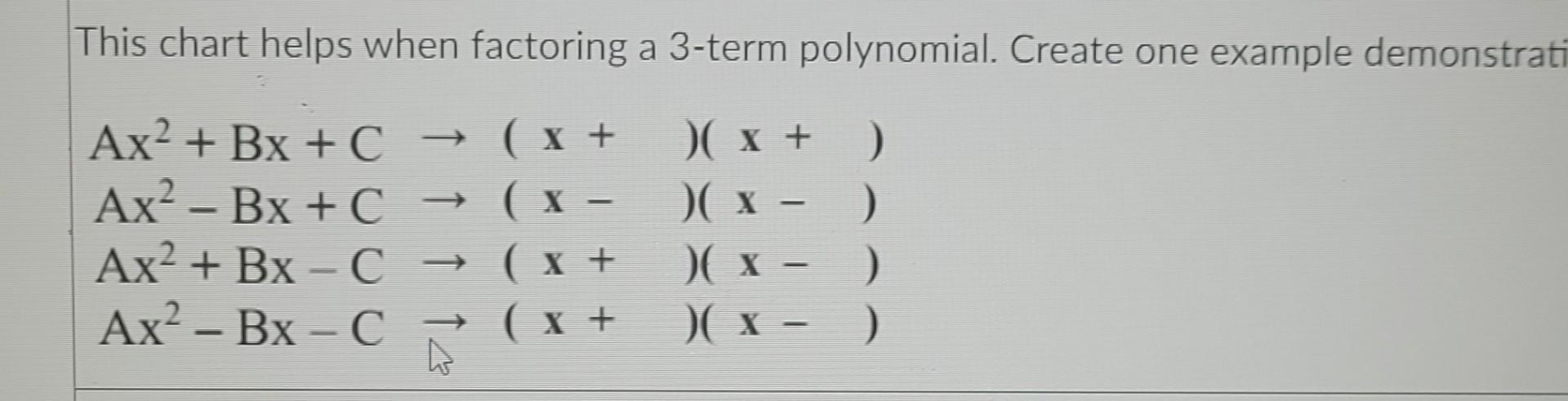 Solved This chart helps when factoring a 3-term polynomial. | Chegg.com