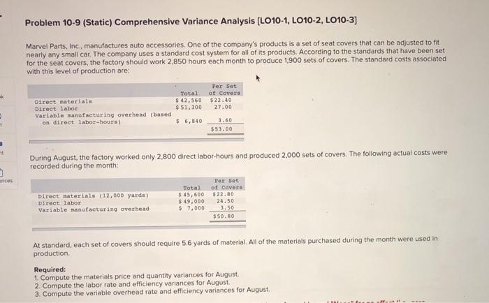 Solved Problem 10-9 (Static) Comprehensive Variance Analysis | Chegg.com