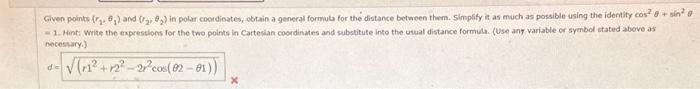 Solved Given points (r1,θ1) and (r2,θ2) in polar | Chegg.com