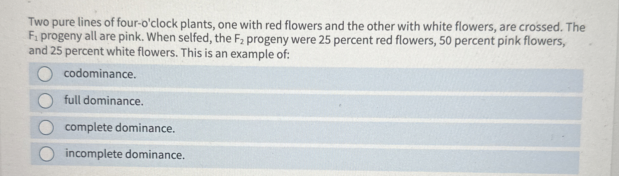 Solved Two pure lines of four-o'clock plants, one with red | Chegg.com