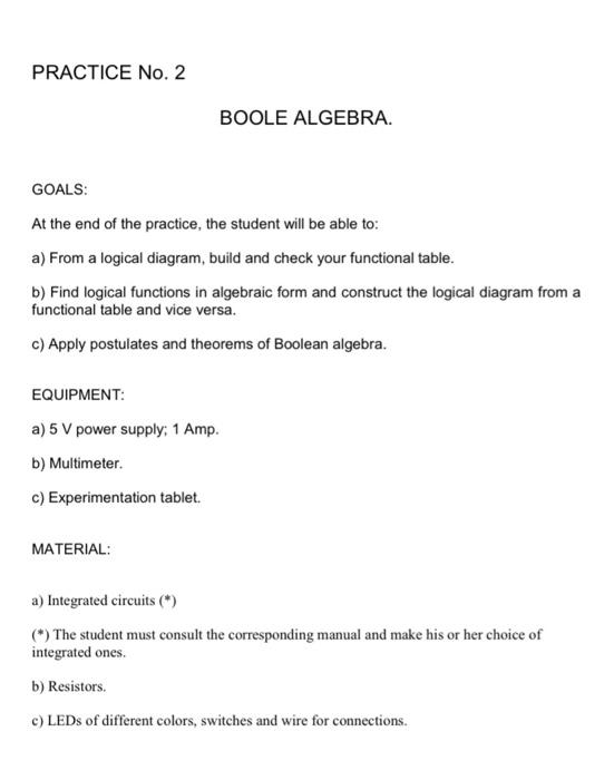 Solved BOOLE ALGEBRA. GOALS: At the end of the practice, the | Chegg.com