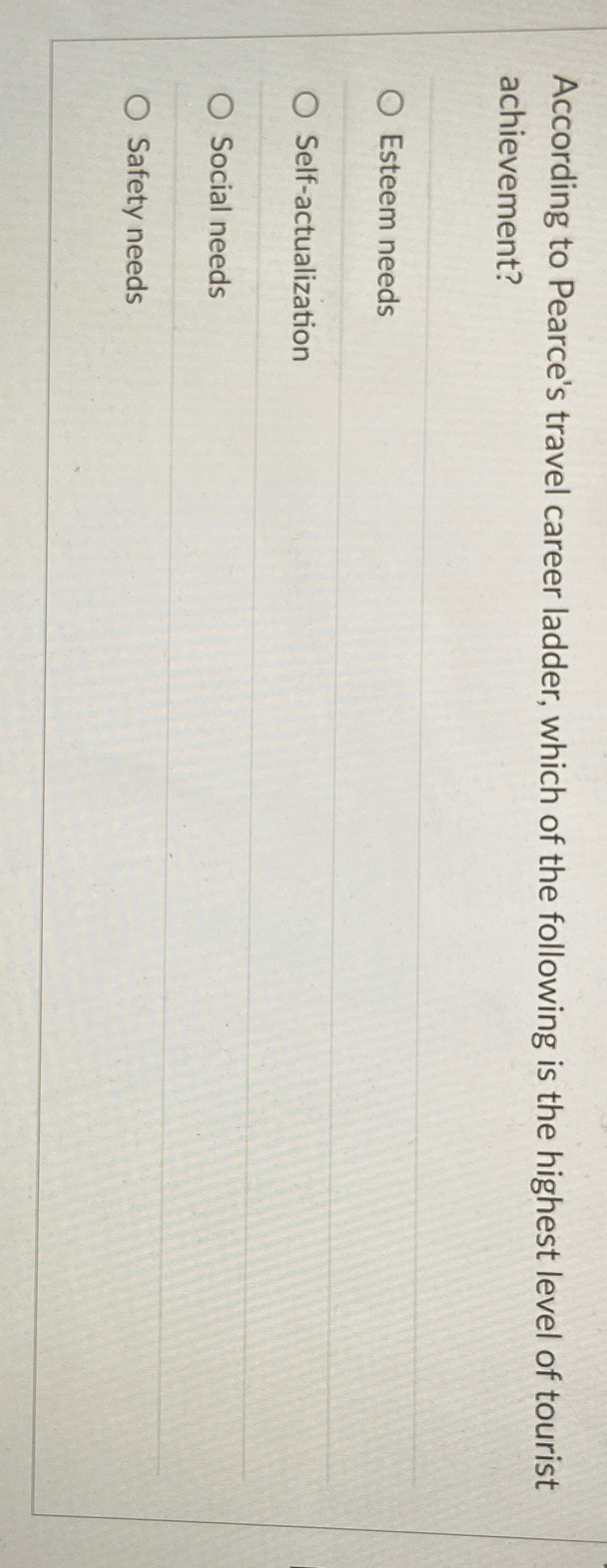 Solved According to Pearce's travel career ladder, which of | Chegg.com