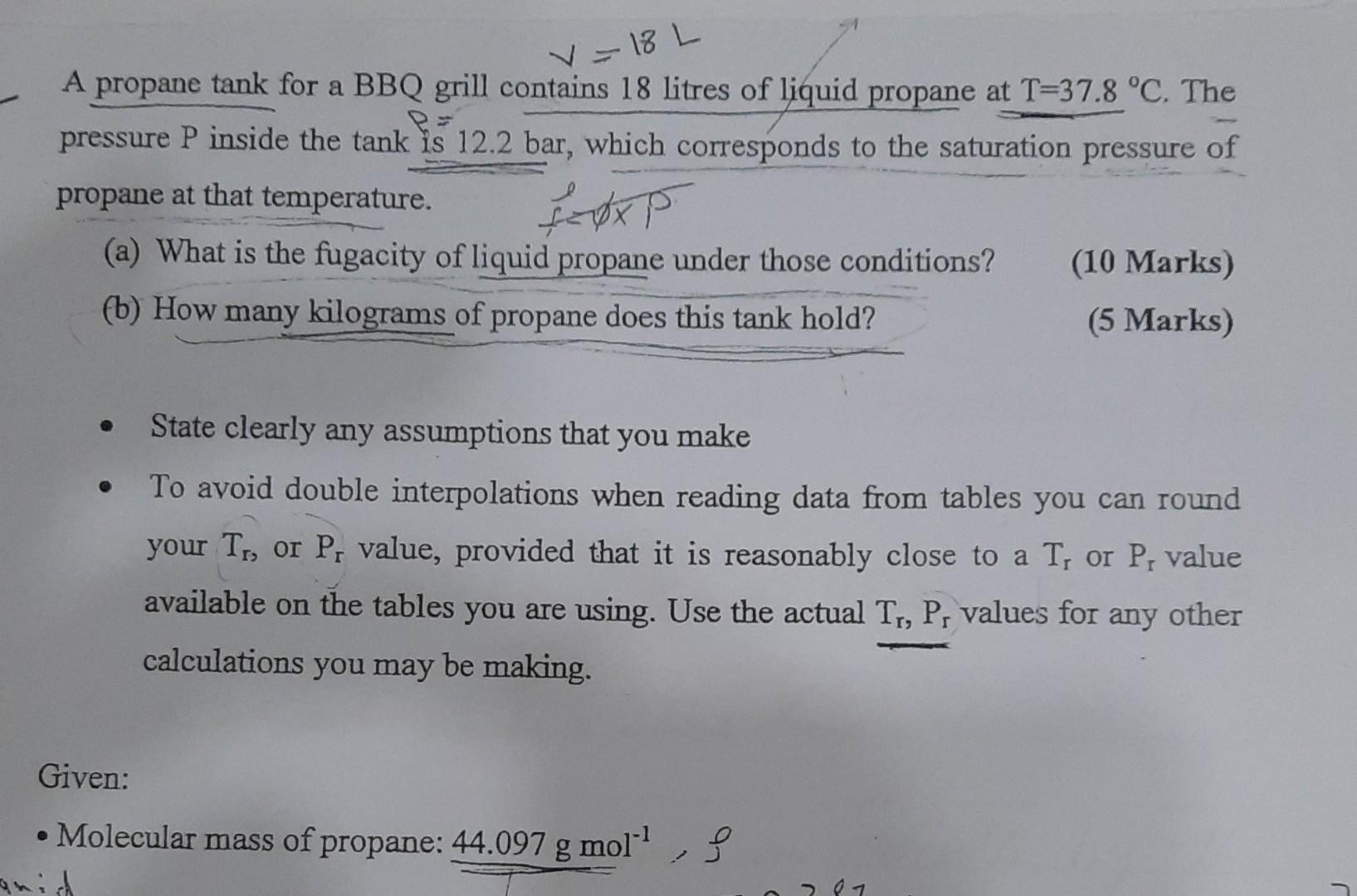 Solved V-18 L A propane tank for a BBQ grill contains 18 | Chegg.com