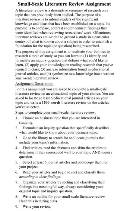 Small-Scale Literature Review Assignment A literature | Chegg.com